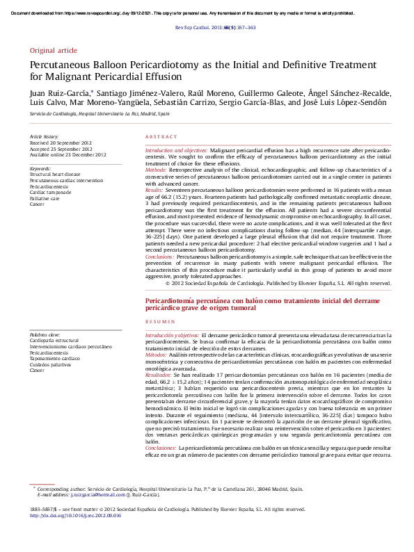 (PDF) Percutaneous Balloon Pericardiotomy as the Initial and Definitive ...