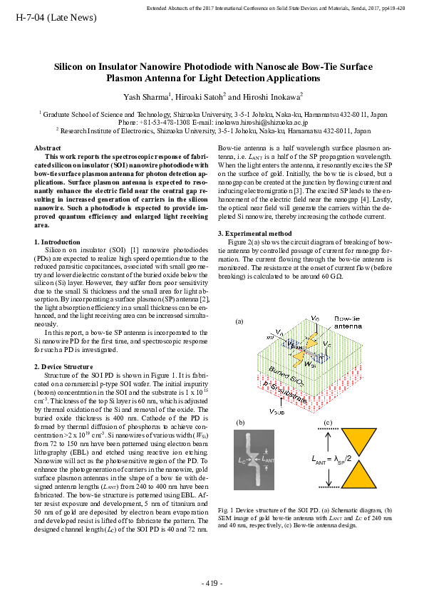 (PDF) Silicon on Insulator Nanowire Photodiode with Nanoscale Bow-Tie Surface Plasmon Antenna ...