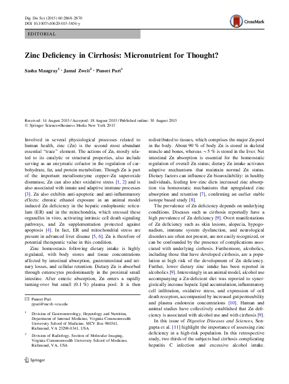 (PDF) Zinc Deficiency in Cirrhosis: Micronutrient for Thought?