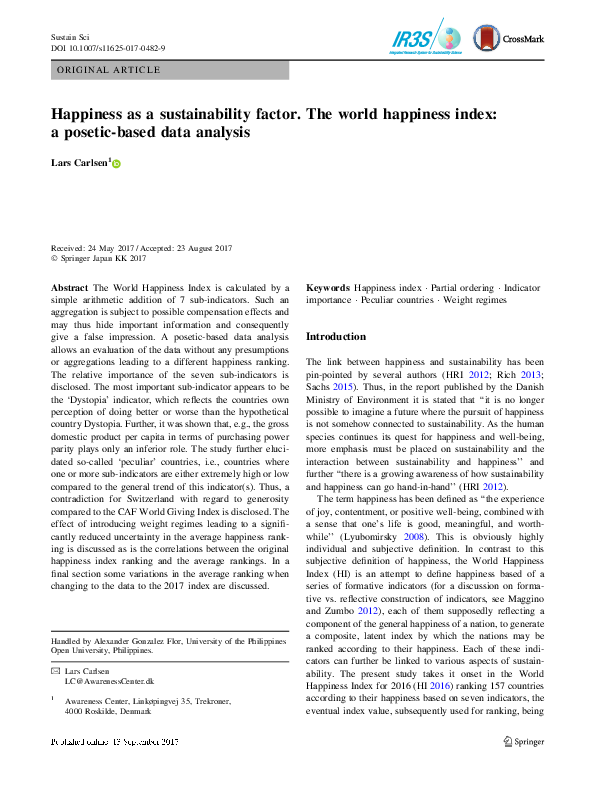 (PDF) Happiness as a sustainability factor. The world happiness index ...