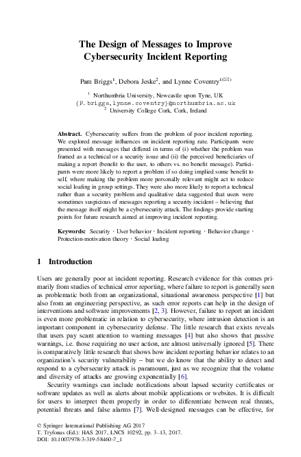 (PDF) The Design of Messages to Improve Cybersecurity Incident Reporting