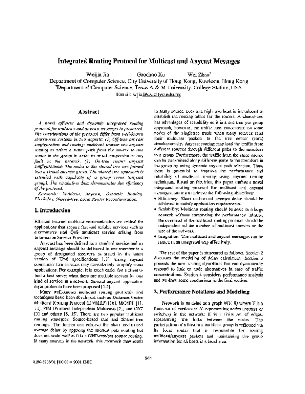 (PDF) Integrated routing protocol for multicast and anycast messages