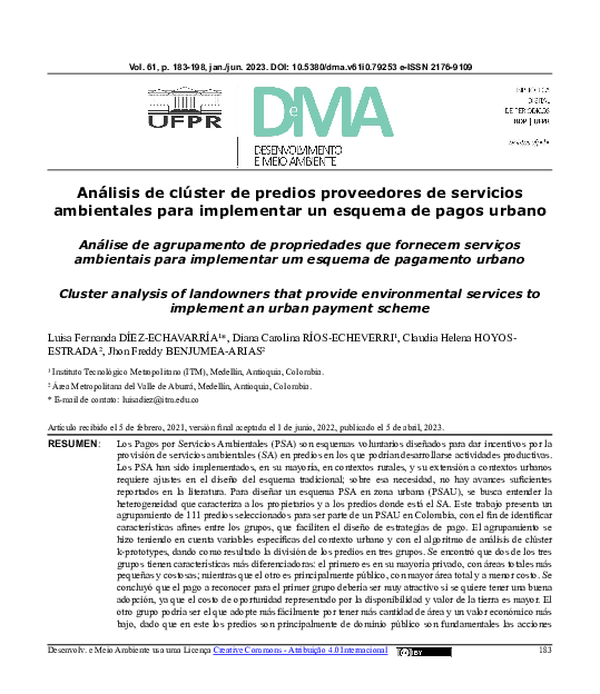 (PDF) Análisis de clúster de predios proveedores de servicios ambientales para implementar un ...