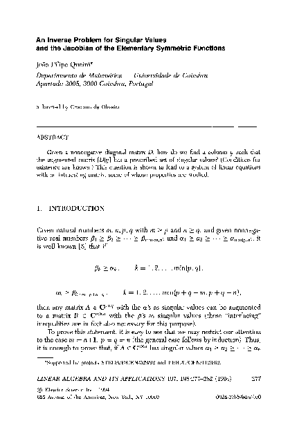 (PDF) An inverse problem for singular values and the Jacobian of the elementary symmetric functions