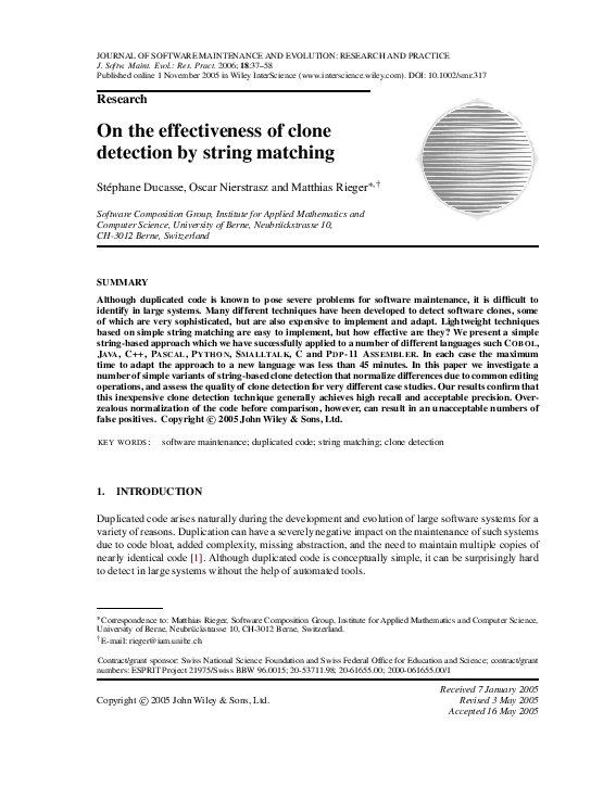 (PDF) On the Effectiveness of Clone Detection by String Matching