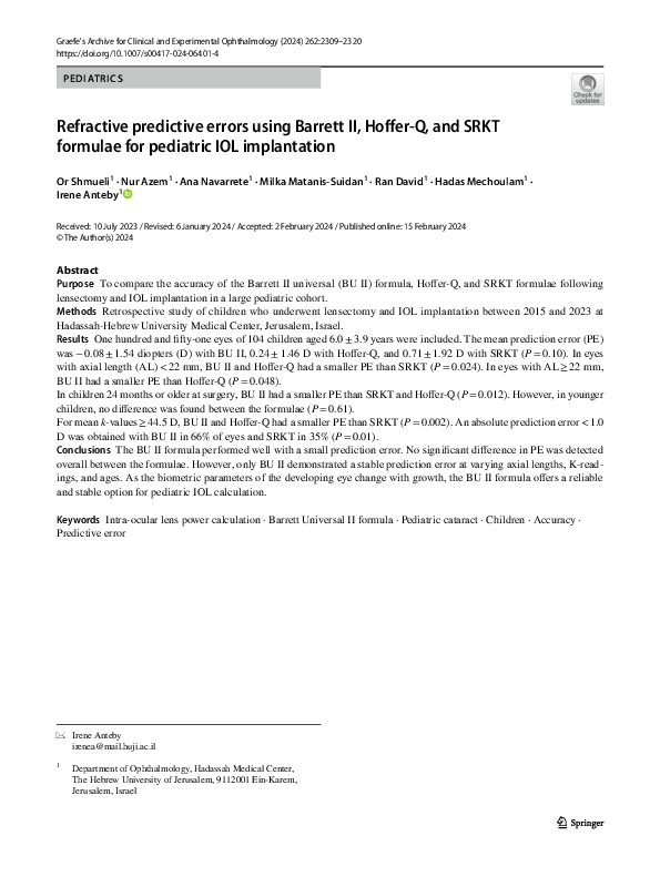 (PDF) Refractive predictive errors using Barrett II, Hoffer-Q, and SRKT ...