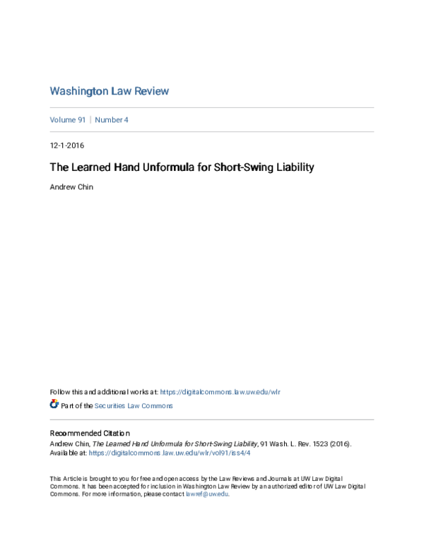 (PDF) The Learned Hand Unformula for Short-Swing Liability
