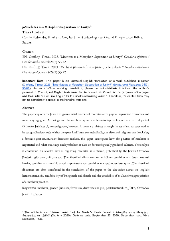 (PDF) Mechitza: Gendered Space and Its Symbolism in Judaism