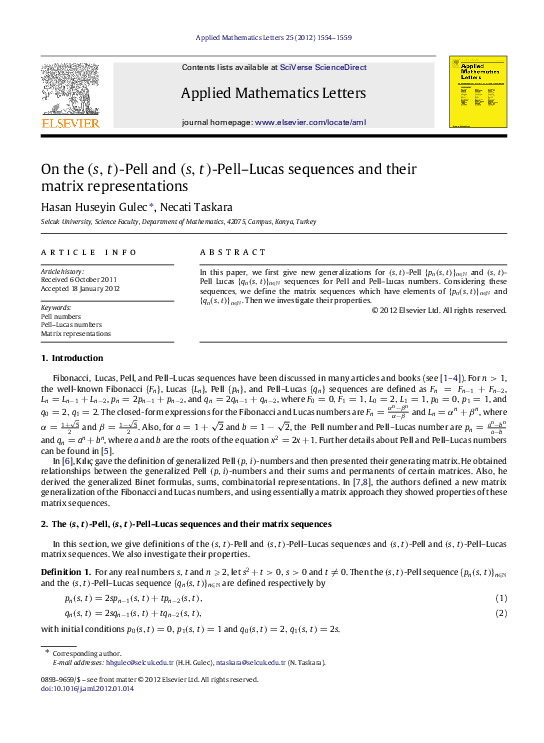 (PDF) On the (s,t)-Pell and (s,t)-Pell–Lucas sequences and their matrix ...