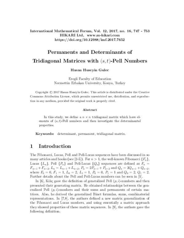 (PDF) Permanents and determinants of tridiagonal matrices with (s,t ...