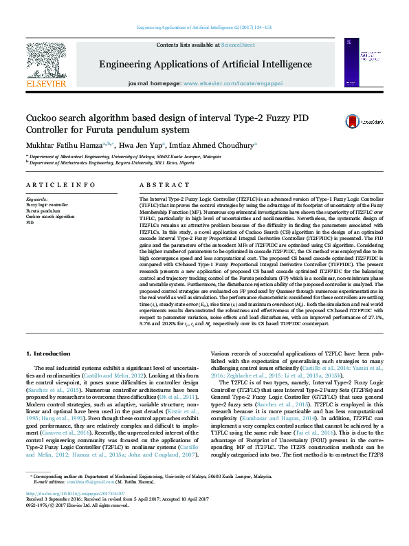 Pdf Cuckoo Search Algorithm Based Design Of Interval Type 2 Fuzzy Pid Controller For Furuta