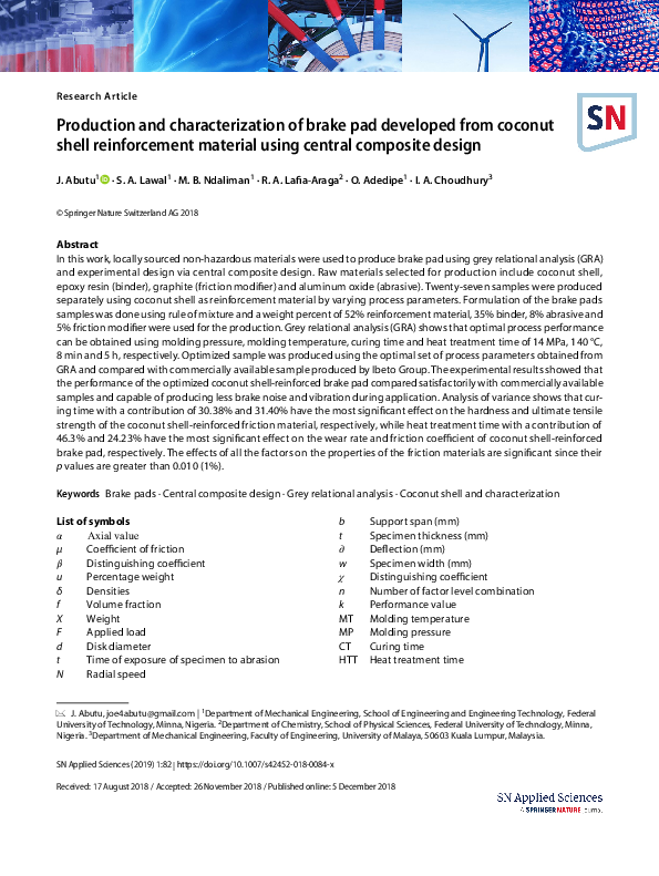 (PDF) Production and characterization of brake pad developed from ...
