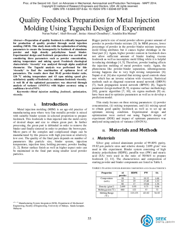 Pdf Quality Feedstock Preparation For Metal Injection Molding Using Taguchi Design Of Experiment