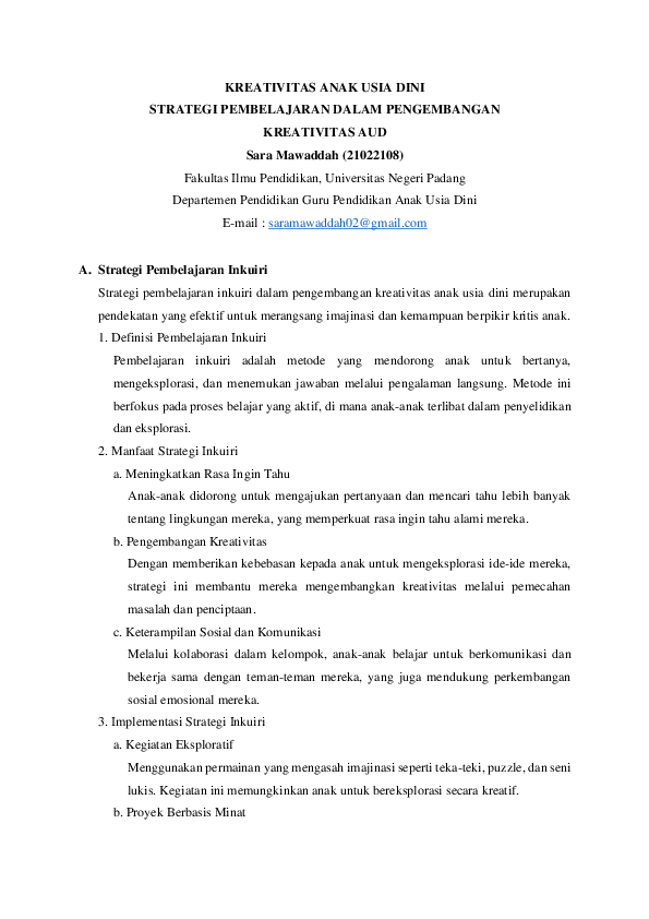 (PDF) KREATIVITAS ANAK USIA DINI STRATEGI PEMBELAJARAN DALAM PENGEMBANGAN