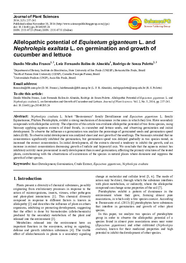 (PDF) Allelopathic Potential of Equisetum giganteum L. and Nephrolepis ...