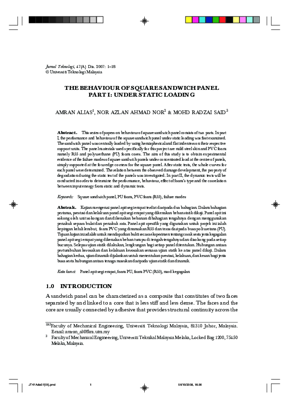 (PDF) The Behaviour Of Square Sandwich Panel Part I: Under Static Loading