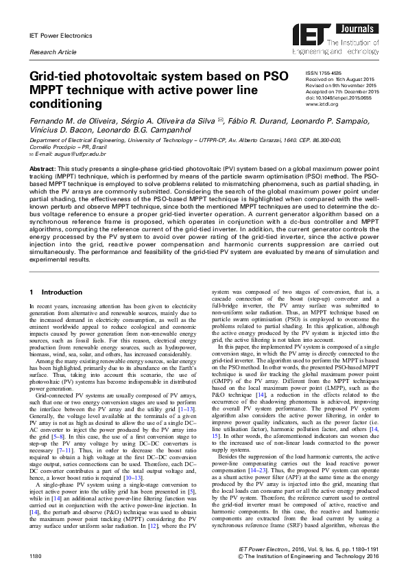 (PDF) PSO MPPT for Grid-Tied PV System Optimization