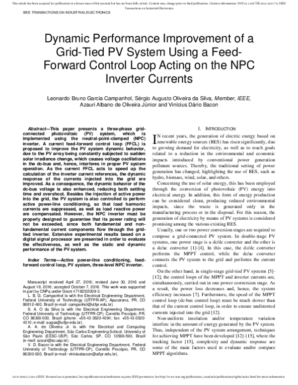 Pdf Dynamic Performance Improvement Of A Grid Tied Pv System Using A Feed Forward Control Loop