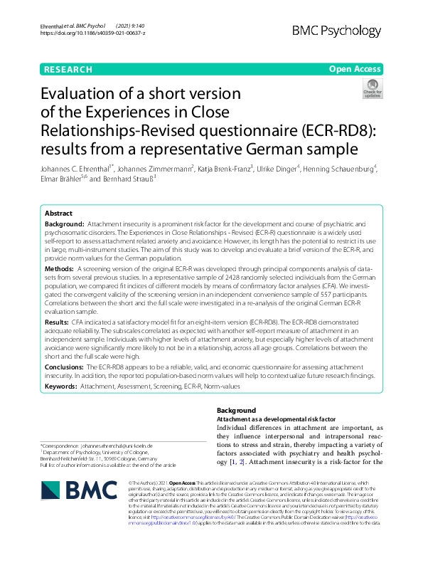 (PDF) Evaluation of a short version of the Experiences in Close Relationships-Revised ...