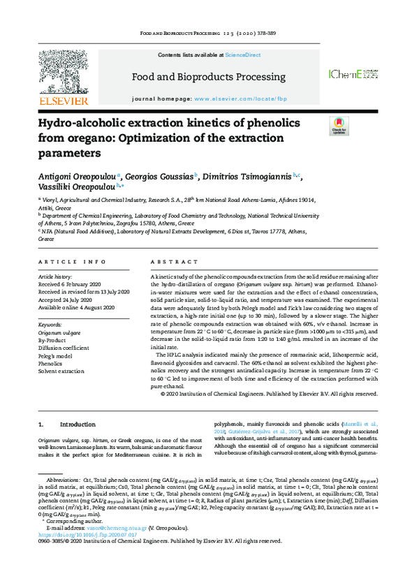 (PDF) Hydro-alcoholic extraction kinetics of phenolics from oregano: Optimization of the ...