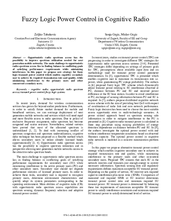 (PDF) Fuzzy Logic Power Control in Cognitive Radio