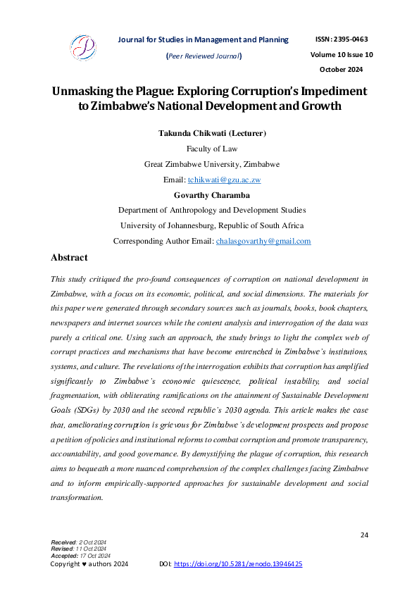 (PDF) Unmasking the Plague: Exploring Corruption's Impediment to ...