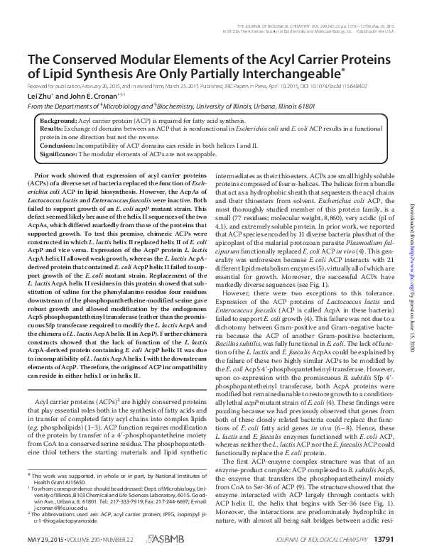 (PDF) The Conserved Modular Elements of the Acyl Carrier Proteins of ...