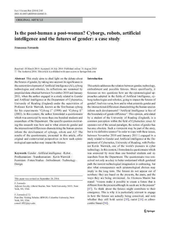 (PDF) Is the post-human a post-woman? Cyborgs, robots, artificial ...
