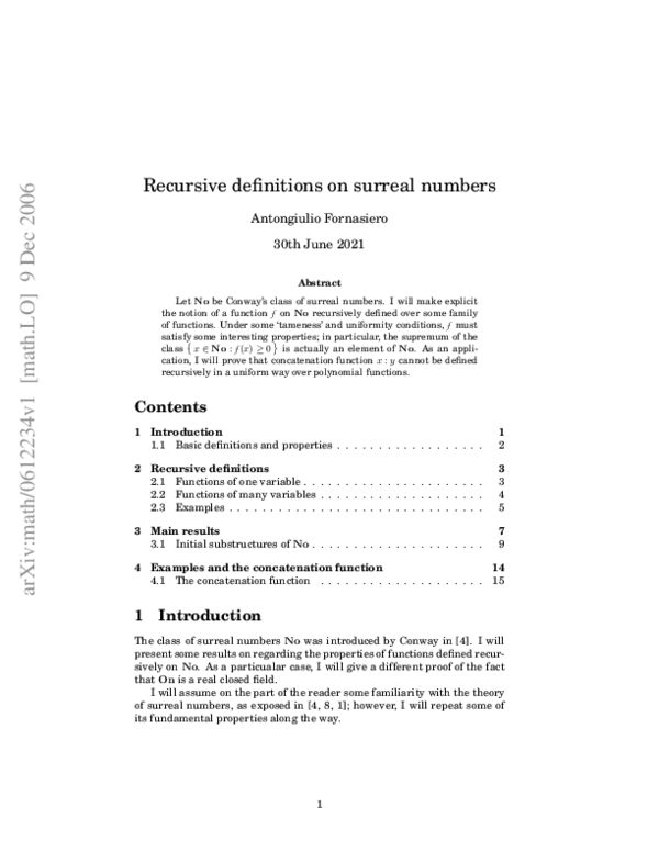 (PDF) Recursive definitions on surreal numbers