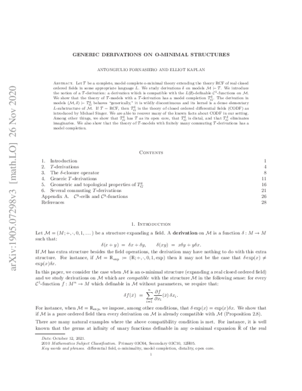 (PDF) Generic derivations on o-minimal structures | Antongiulio Fornasiero - Academia.edu
