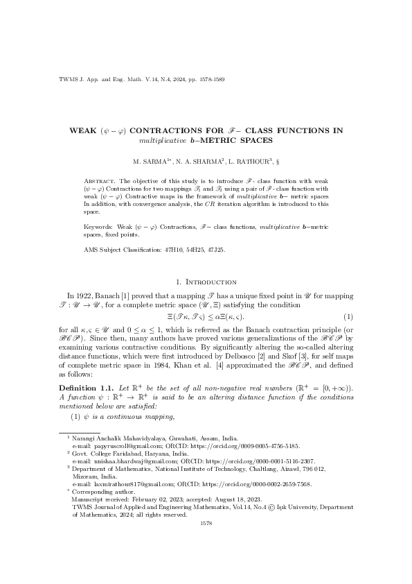 Pdf Weak ψ − ϕ Contractions For F − Class Functions In Multiplicative B−metric Spaces Dr