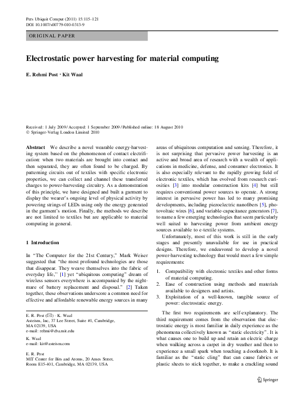 (PDF) Electrostatic power harvesting for material computing