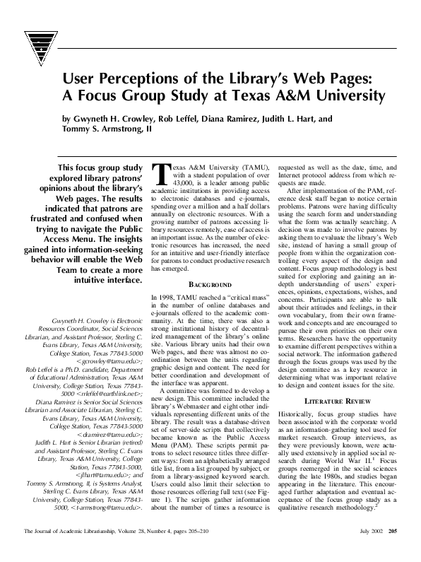 (PDF) User perceptions of the library’s web pages: A focus group study at Texas A&M University