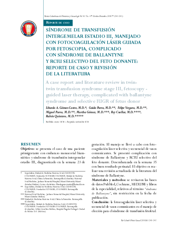 (PDF) Síndrome de transfusión intergemelar estadio III, manejado con ...