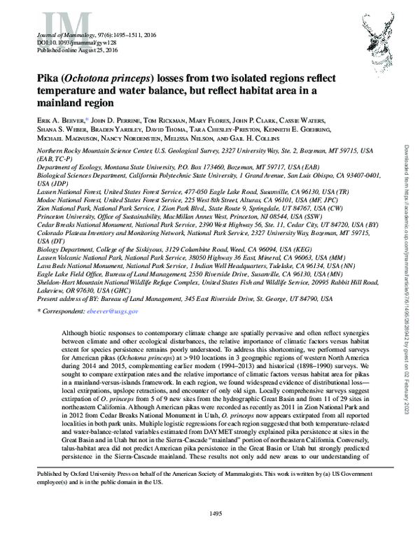 (PDF) Pika (Ochotona princeps) losses from two isolated regions reflect ...