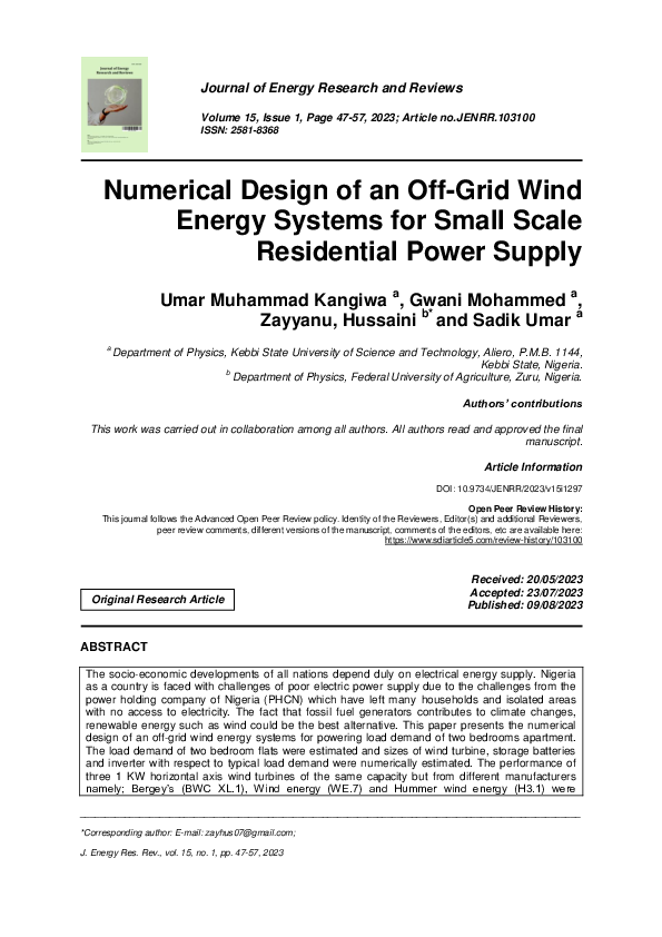 (PDF) Numerical Design of an Off-Grid Wind Energy Systems for Small ...