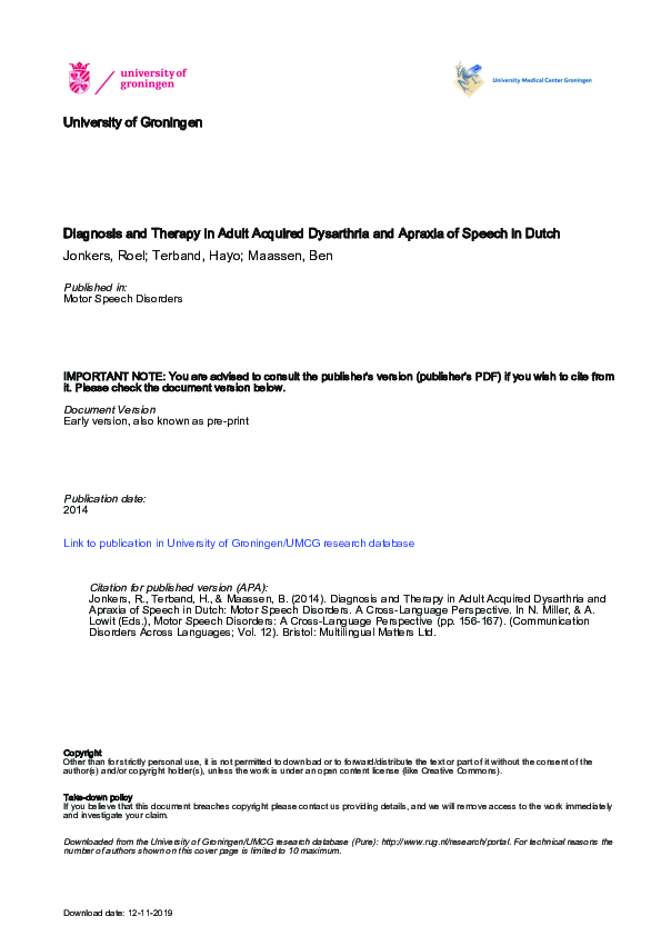 (PDF) Diagnosis and Therapy in Adult Acquired Dysarthria and Apraxia of ...