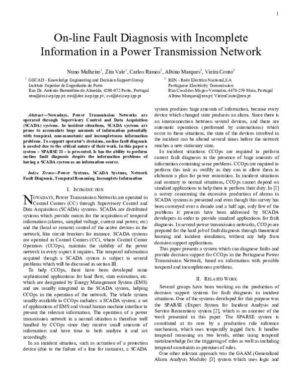 (PDF) On-Line Fault Diagnosis with Incomplete Information in a Power ...
