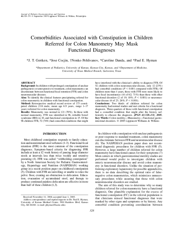 (PDF) Comorbidities Associated with Constipation in Children Referred ...