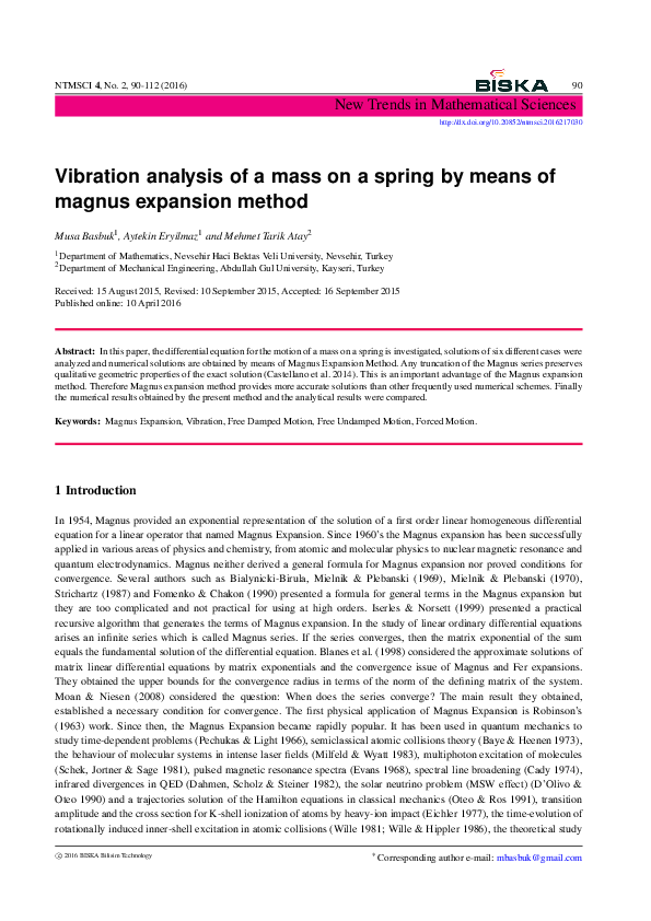 (PDF) Vibration analysis of a mass on a spring by means of magnus ...