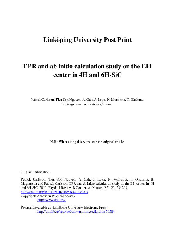 (PDF) EPR andab initiocalculation study on the EI4 center in4H- and6H-SiC