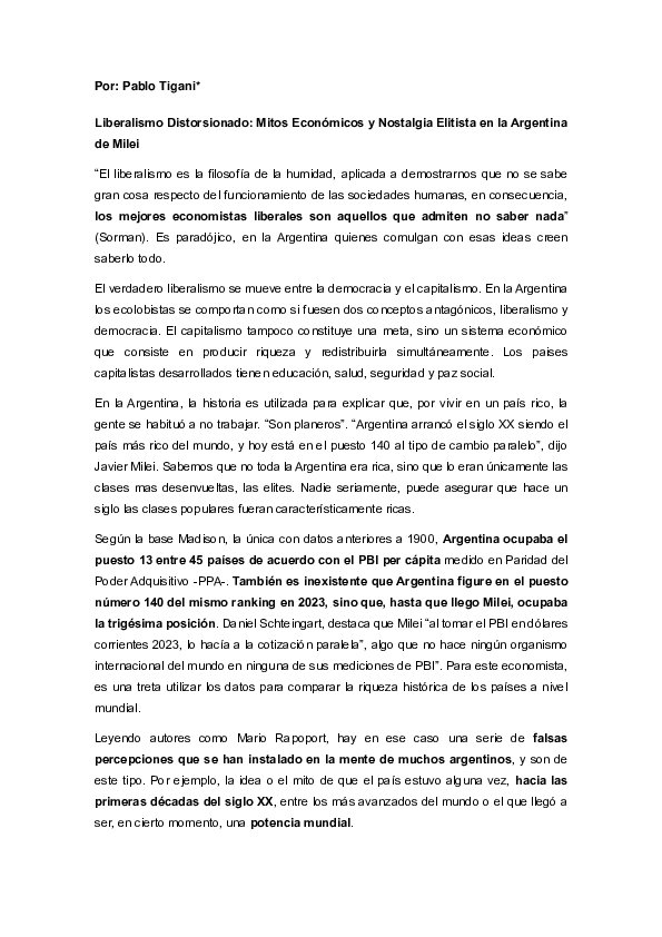 (PDF) Por: Pablo Tigani* Liberalismo Distorsionado: Mitos Económicos y ...