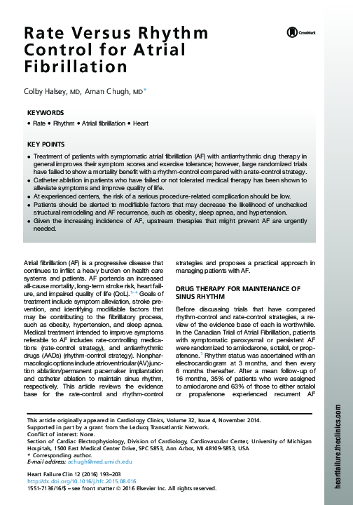 (PDF) Rate Versus Rhythm Control for Atrial Fibrillation in the Modern ...