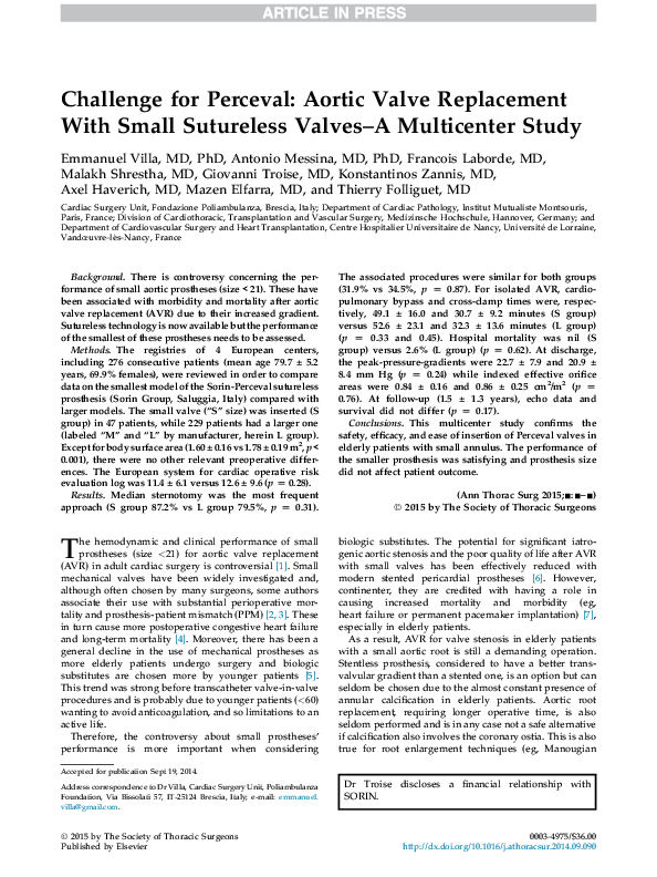 (PDF) Challenge for Perceval: Aortic Valve Replacement With Small ...