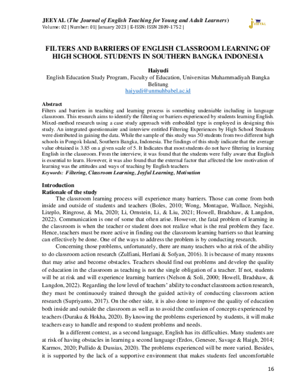 (PDF) The Filters and Barriers of English Classroom Learning of High ...