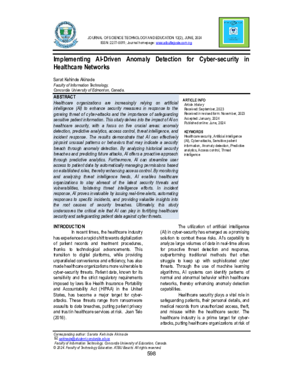 (PDF) Implementing AI-Driven Anomaly Detection for Cyber-security in Healthcare Networks