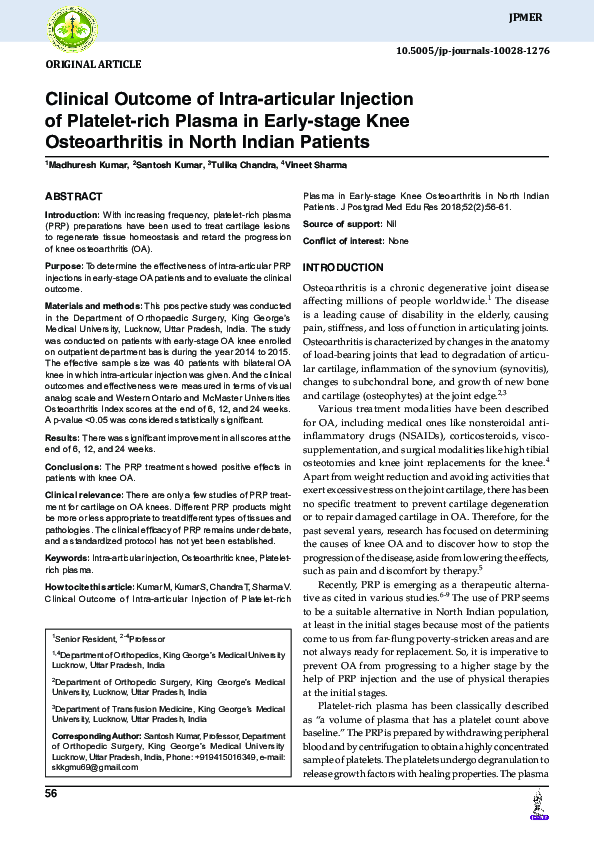 (PDF) Clinical Outcome of Intra-articular Injection of Platelet-rich Plasma in Early-stage Knee ...