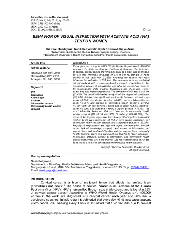 (PDF) Behavior of visual inspection with acetate acid (VIA) test on women