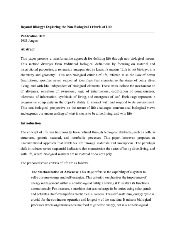 (PDF) Beyond Biology: Exploring the Non-Biological Criteria of Life