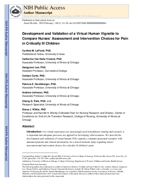 (PDF) Development and Validation of a Virtual Human Vignette to Compare Nurses' Assessment and ...